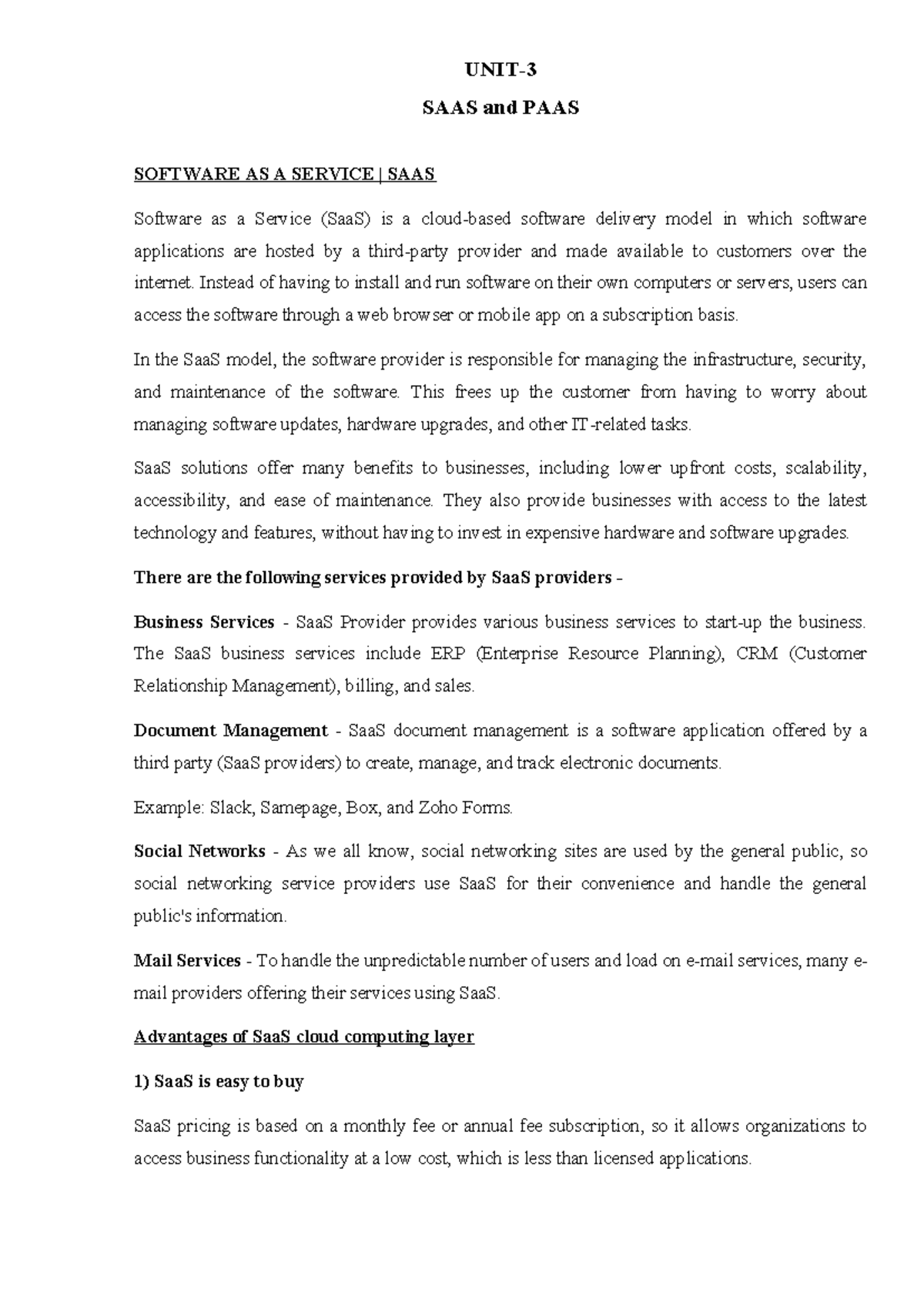 CC UNIT-3 - our file - UNIT- SAAS and PAAS SOFTWARE AS A SERVICE | SAAS Software as a Service ...