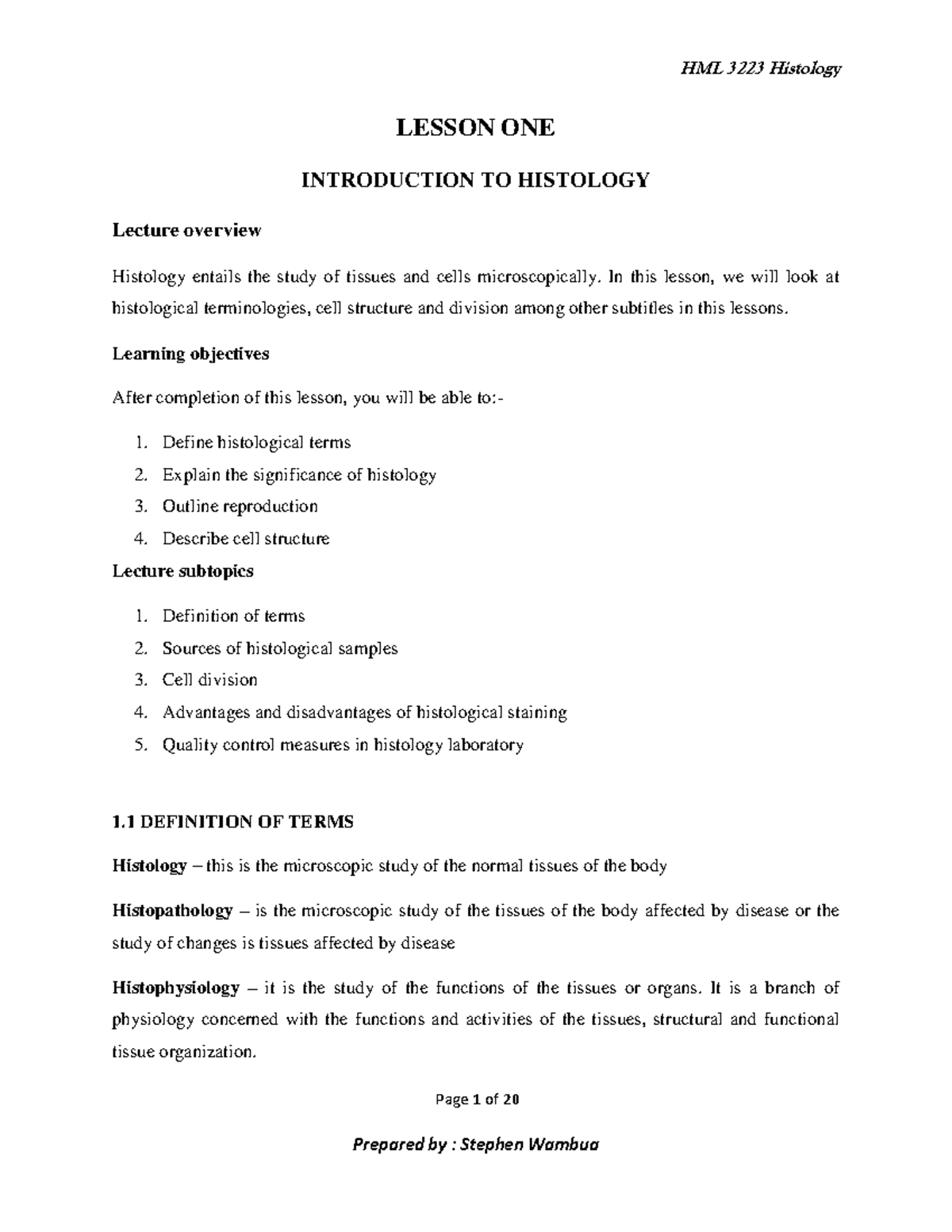 Lesson 1 Introduction to Histology - Page 1 of 20 LESSON ONE ...