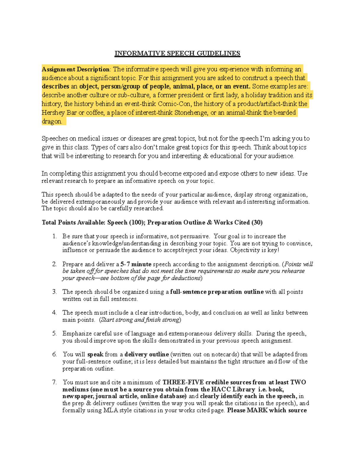 Informative Speech Guidlines - INFORMATIVE SPEECH GUIDELINES Assignment ...