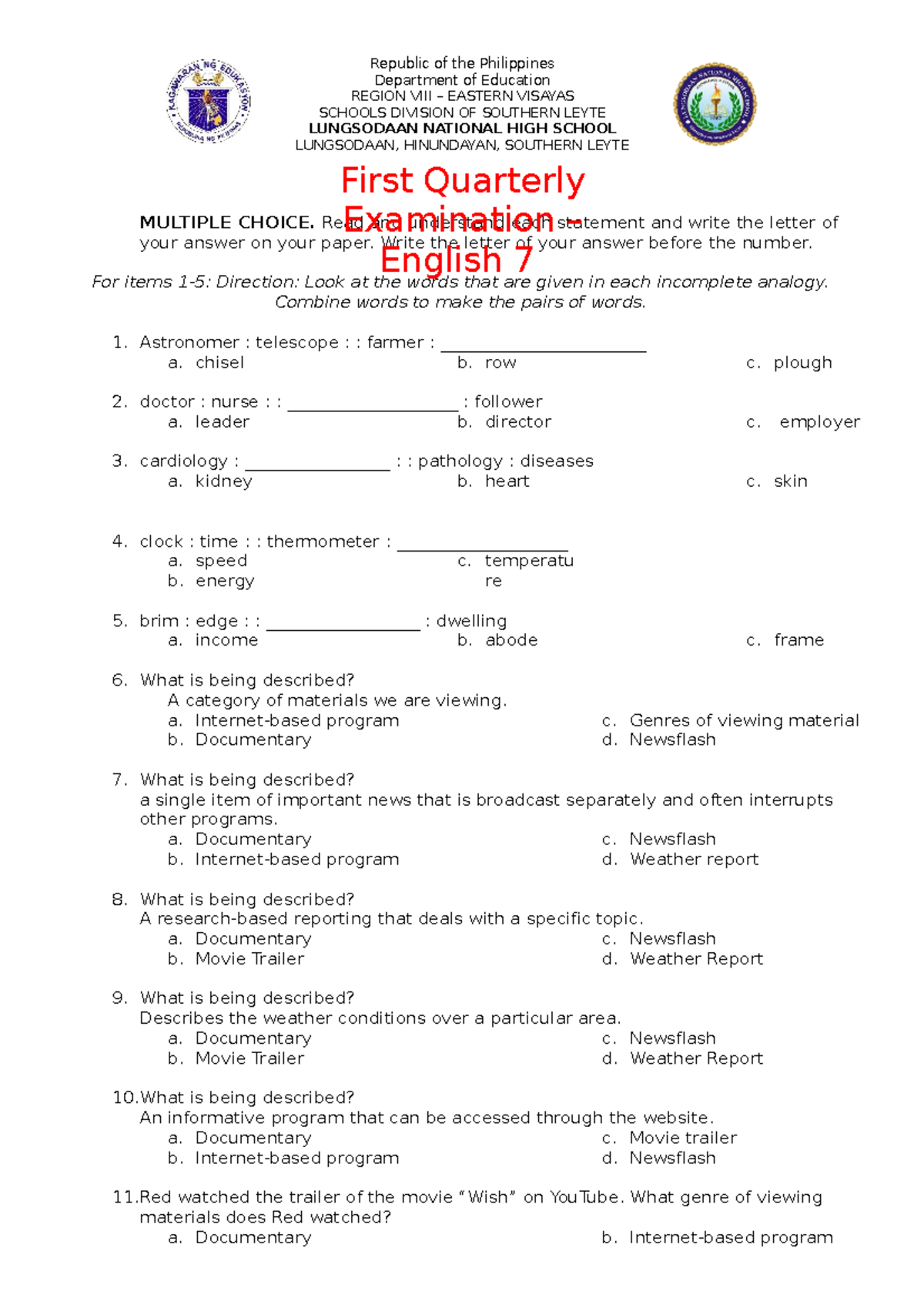 1st exam english 7 - examination - Republic of the Philippines ...