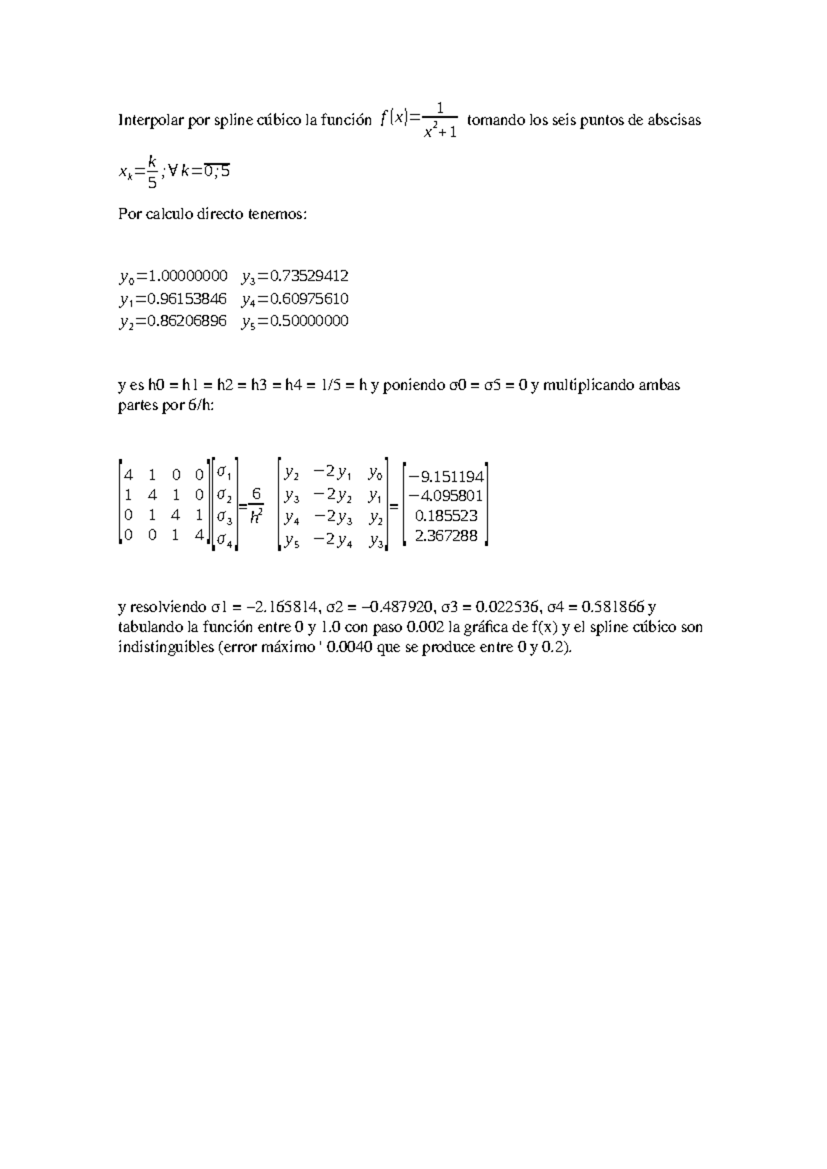 Spline cubico , Ejercicio 8 - Interpolar por spline cúbico la función f ...
