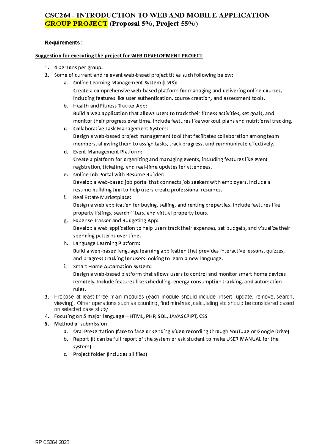 Jan 2024 Group Project Guidelines CSC264 - CSC264 - INTRODUCTION TO WEB AND MOBILE APPLICATION ...
