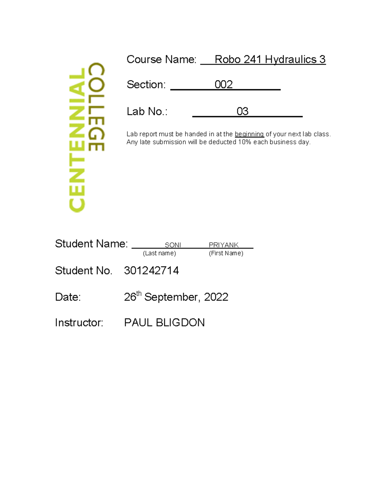 Lab 3 - 301242714 - Course Name: Robo 241 Hydraulics 3 Section: 002 Lab ...