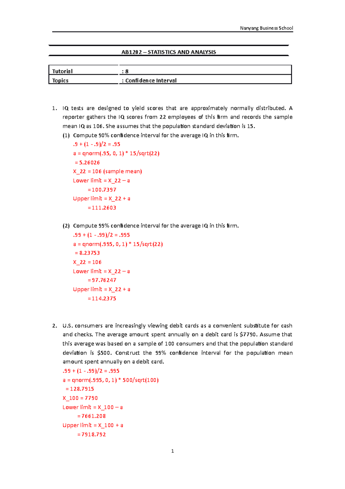 AB1202 Assignment Questions week 8 - AB1202 – STATISTICS AND ANALYSIS ...