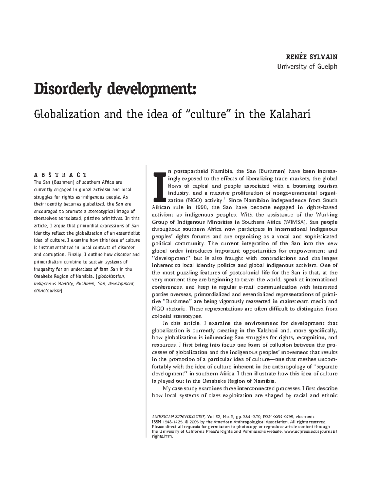 Sylvain - Disorderly Development (2005 ) - A B S T R A C T The San (Bushmen) of southern Africa ...