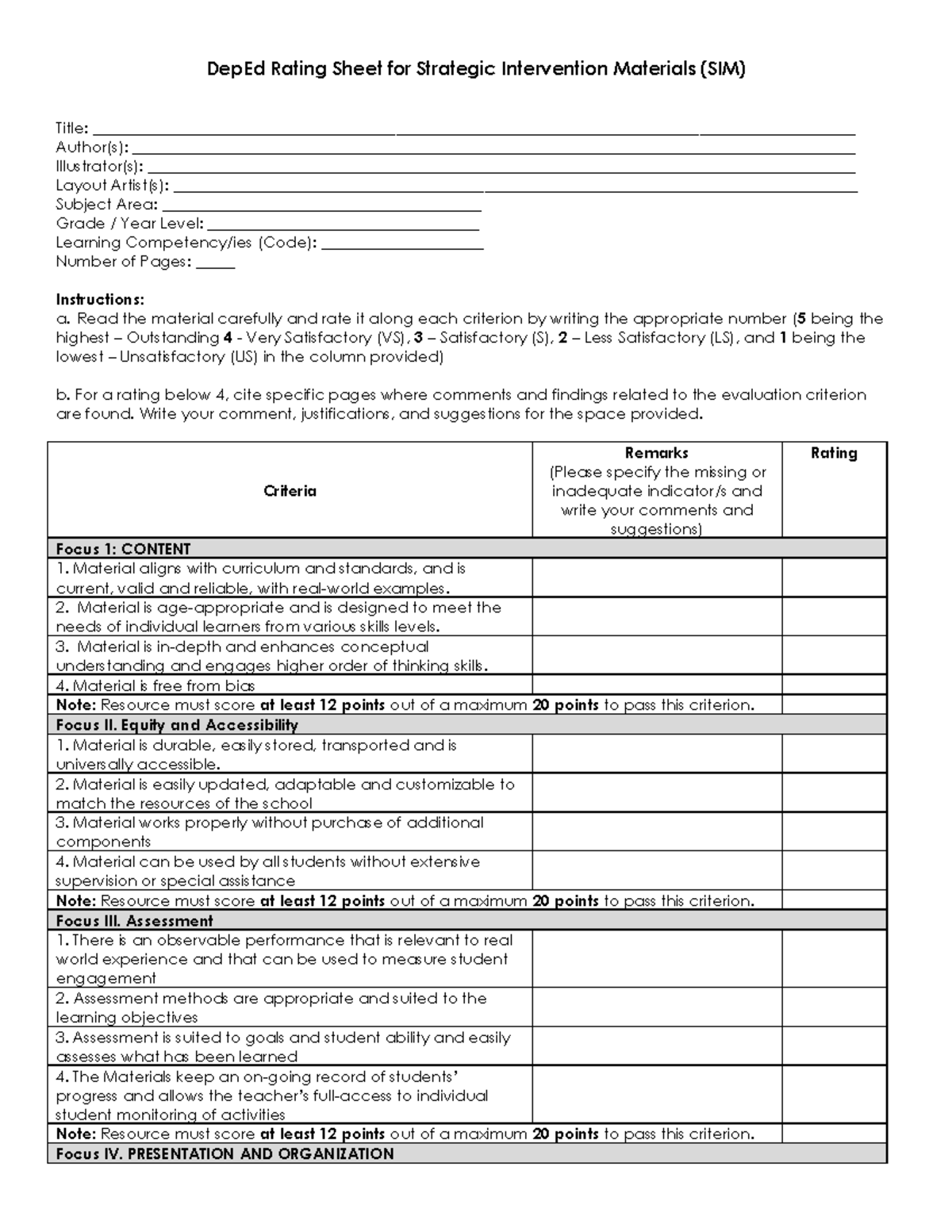 Rating- Sheet - Read the material carefully and rate it along each ...