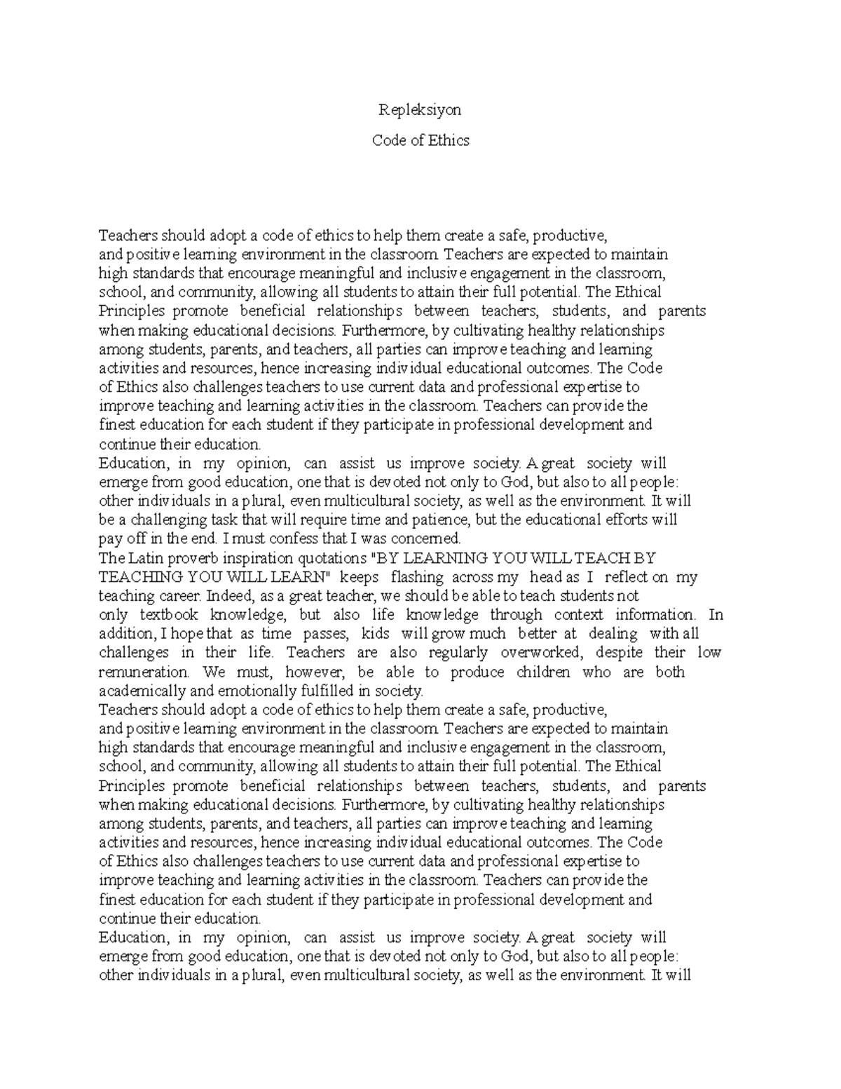 Day-1-Reflection - In service training - Repleksiyon Code of Ethics ...