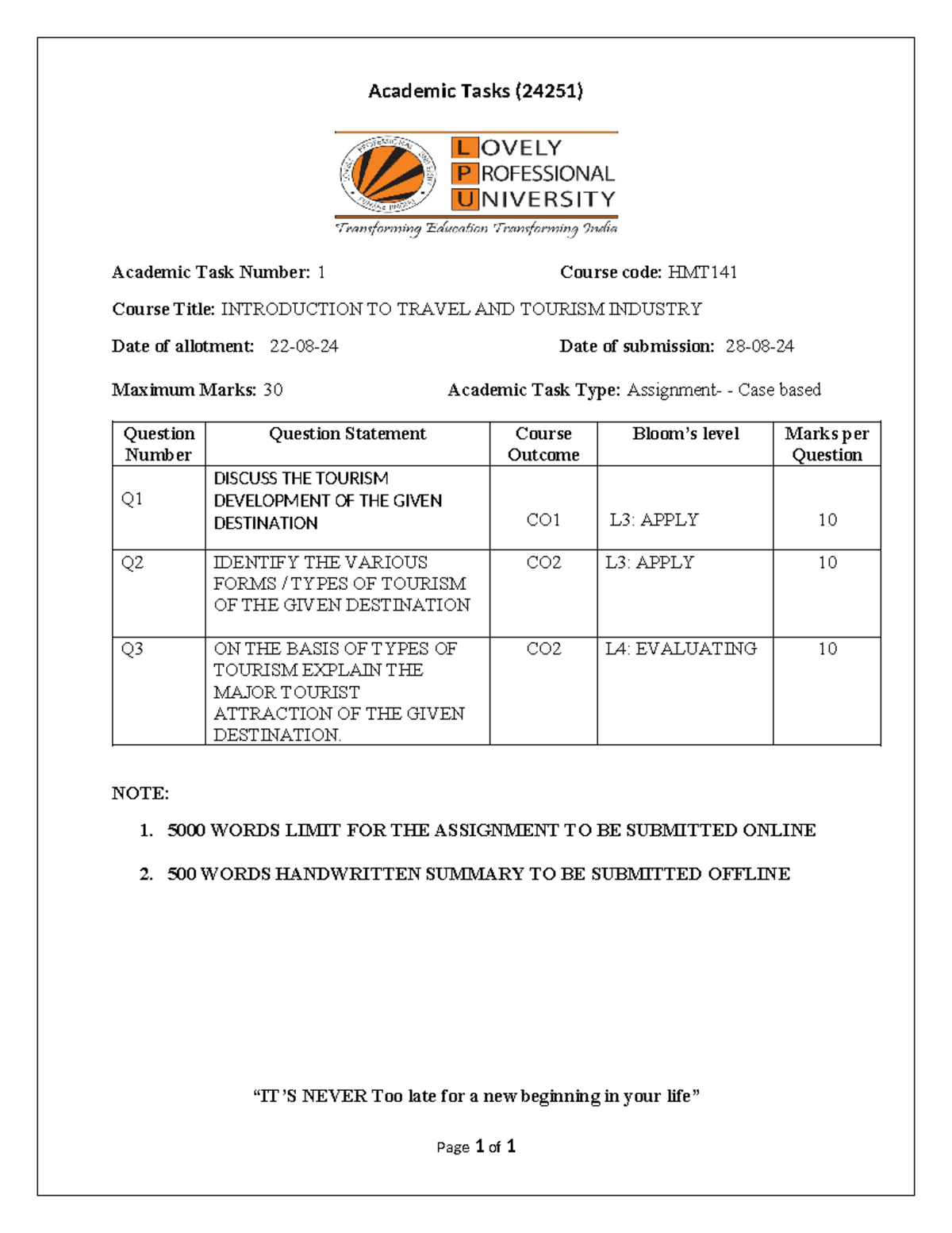 A571533314 22 2024 HMT141 CA1 - Academic Tasks (24251) Academic Task ...