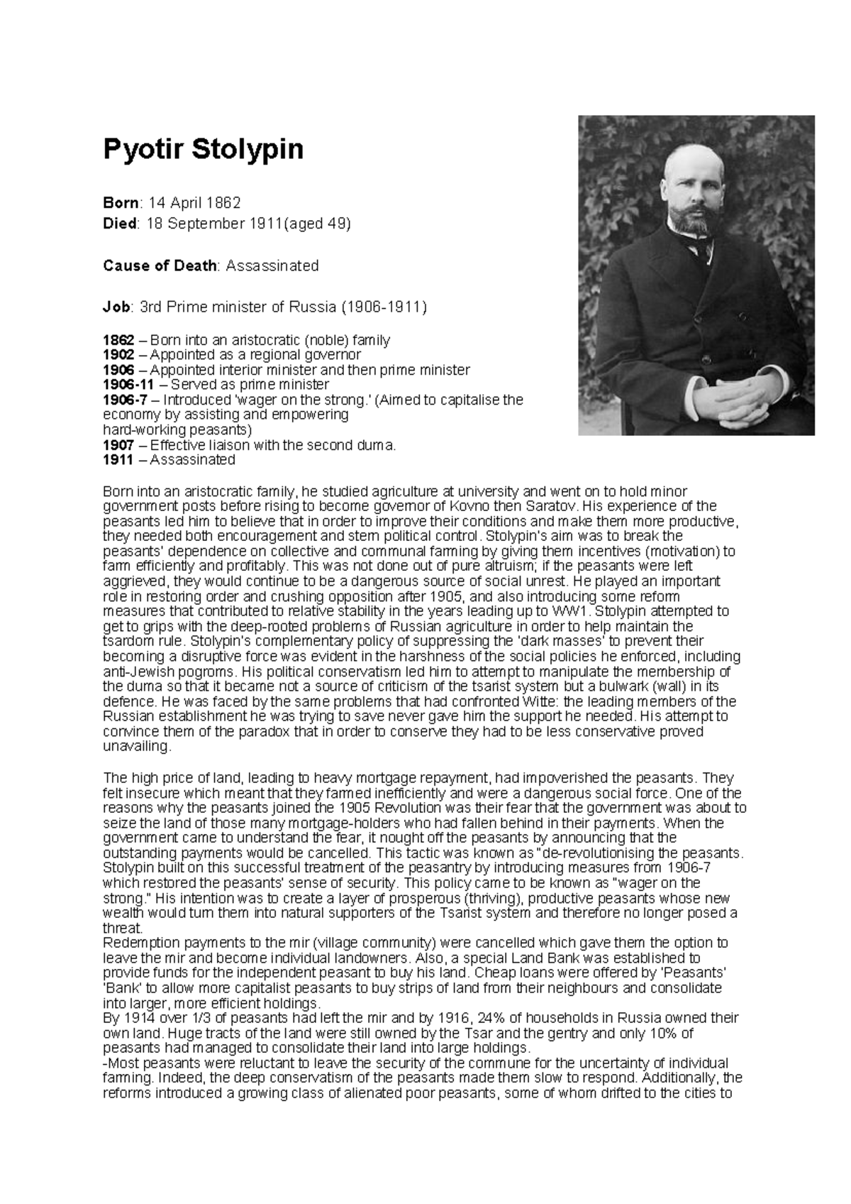 Pyotir Stolypin - adadad - Pyotir Stolypin Born: 14 April 1862 Died: 18 ...