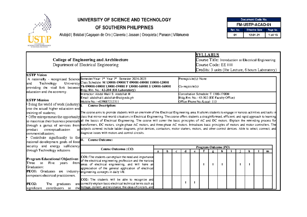 EE111 Syllabus 2024 2025 - FM-USTP-ACAD- 01 Rev. No. Effective Date ...