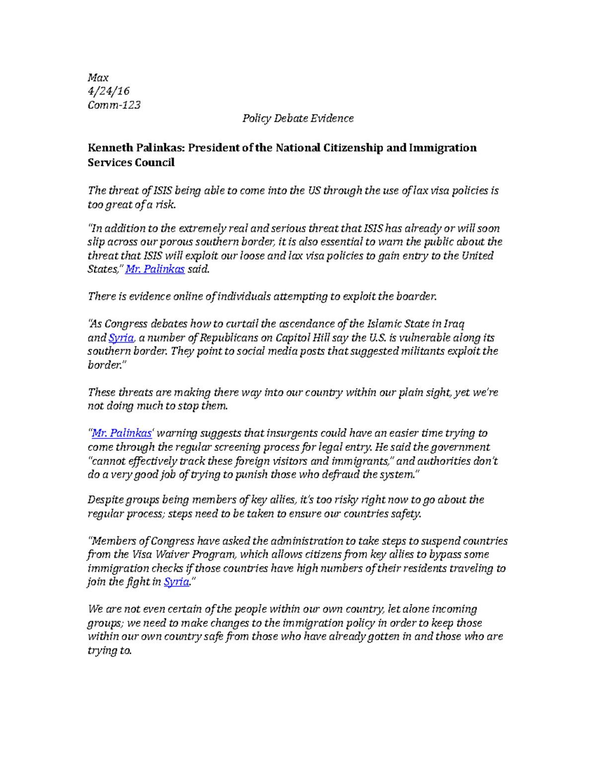 Debate 1 Pro - Max 4/24/16 Comm-123 Policy Debate Evidence Kenneth ...