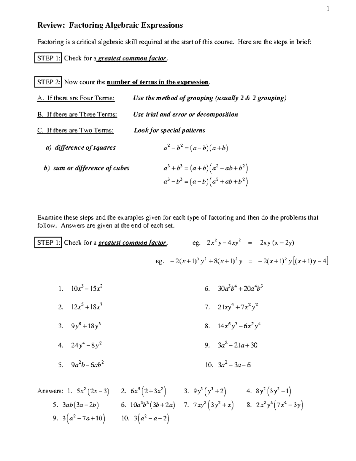 Algebra Review 2 Factoring - Review: Factoring Algebraic Expressions ...