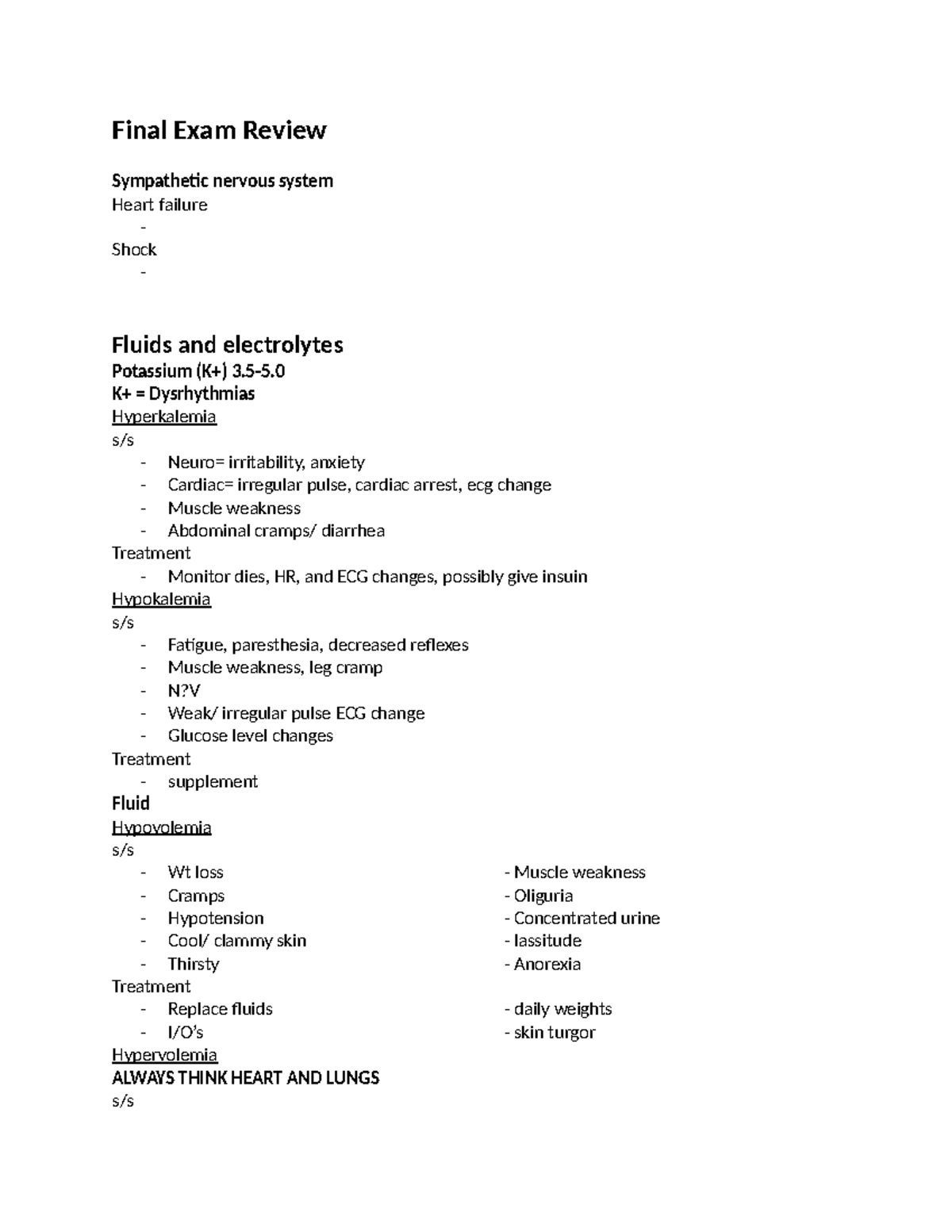 exam review note - Final Exam Review Sympathetic nervous system Heart ...