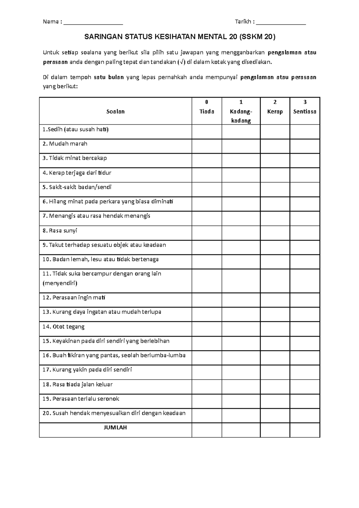 Saringan Status Kesihatan Mental 20 (SSKM 20) - Nama ...