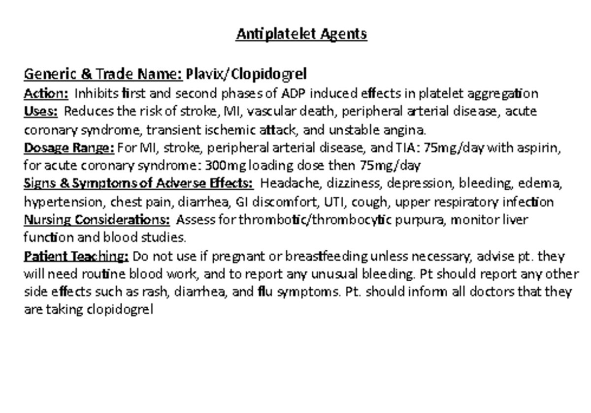 Plavix drug info - Antiplatelet Agents Generic & Trade Name: Plavix ...