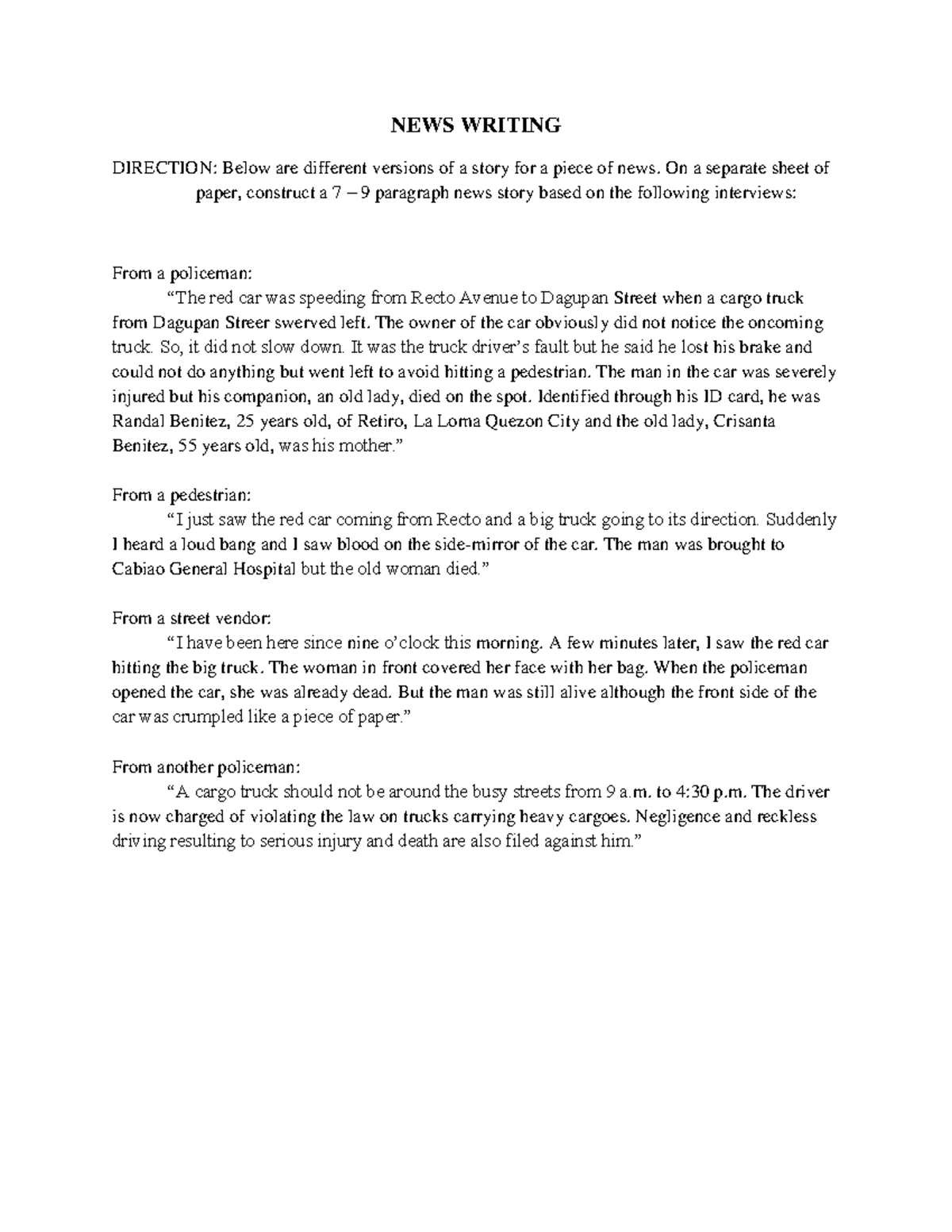 Pdfcoffee - news writing 2 - NEWS WRITING DIRECTION: Below are different versions of a story for ...