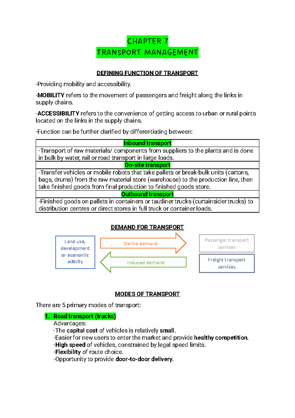 OBS 210- Chapter 7 - CHAPTER 7 TRANSPORT MANAGEMENT DEFINING FUNCTION ...