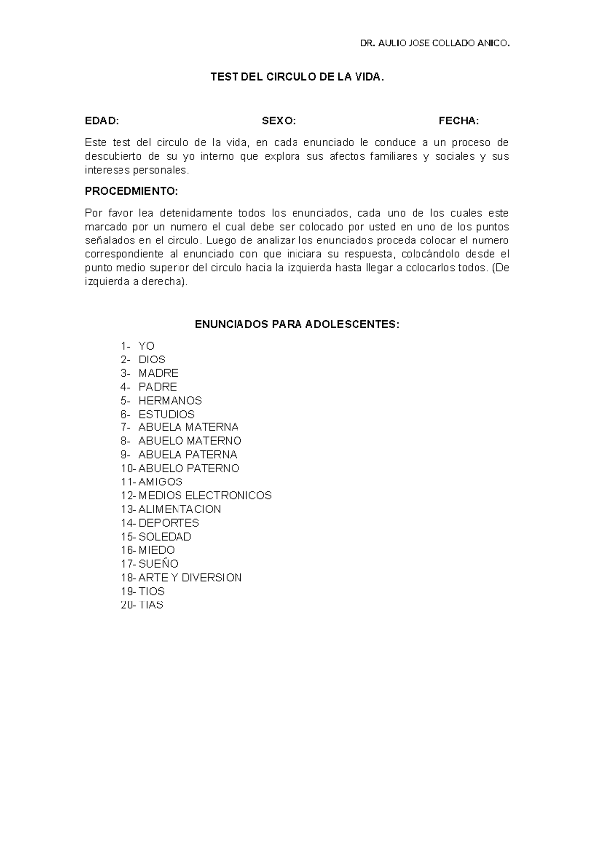 TEST DEL Circulo DE LA VIDA Adolescentes - DR. AULIO JOSE COLLADO ANICO ...