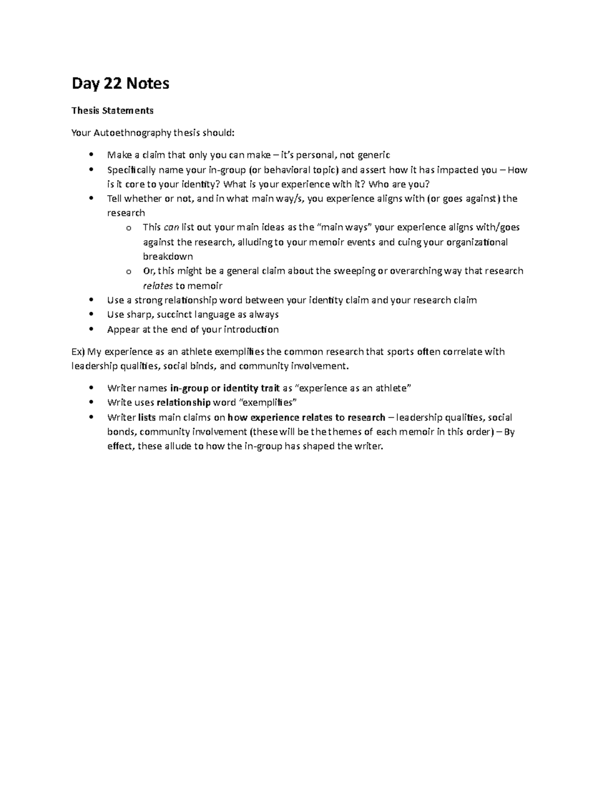 Day 22 Notes - holly hayes - Day 22 Notes Thesis Statements Your ...