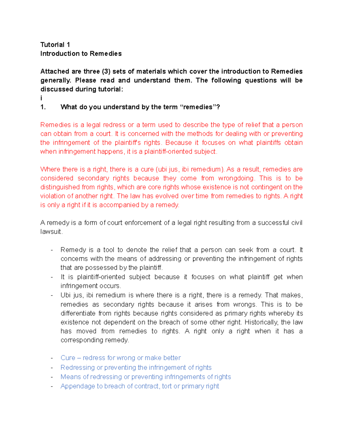Tutorial 1 - What do you understand by the term “remedies”? - Tutorial ...
