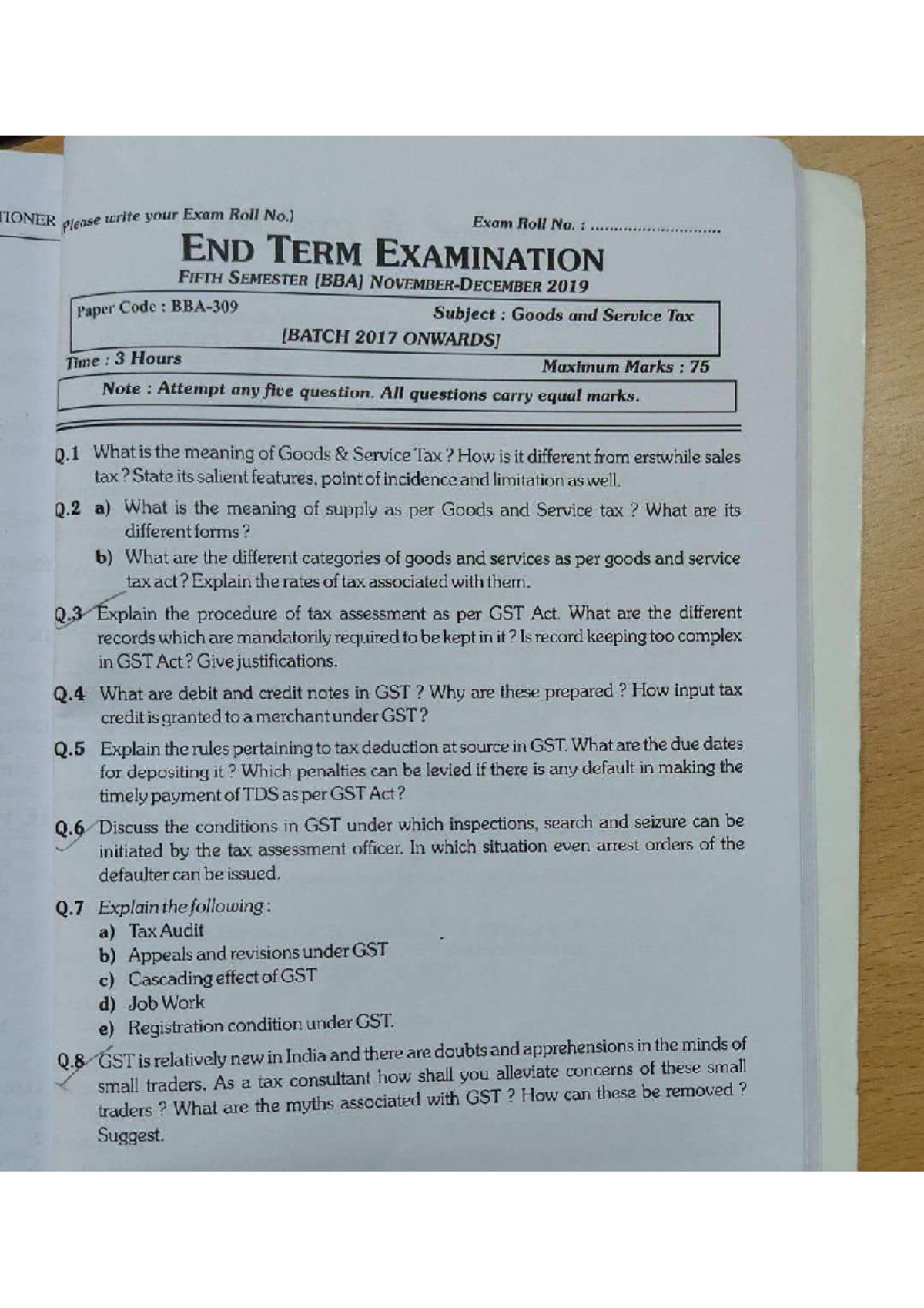 GST 2019 Question Paper - ER Please write your Exam Roll No.) Exam Roll ...