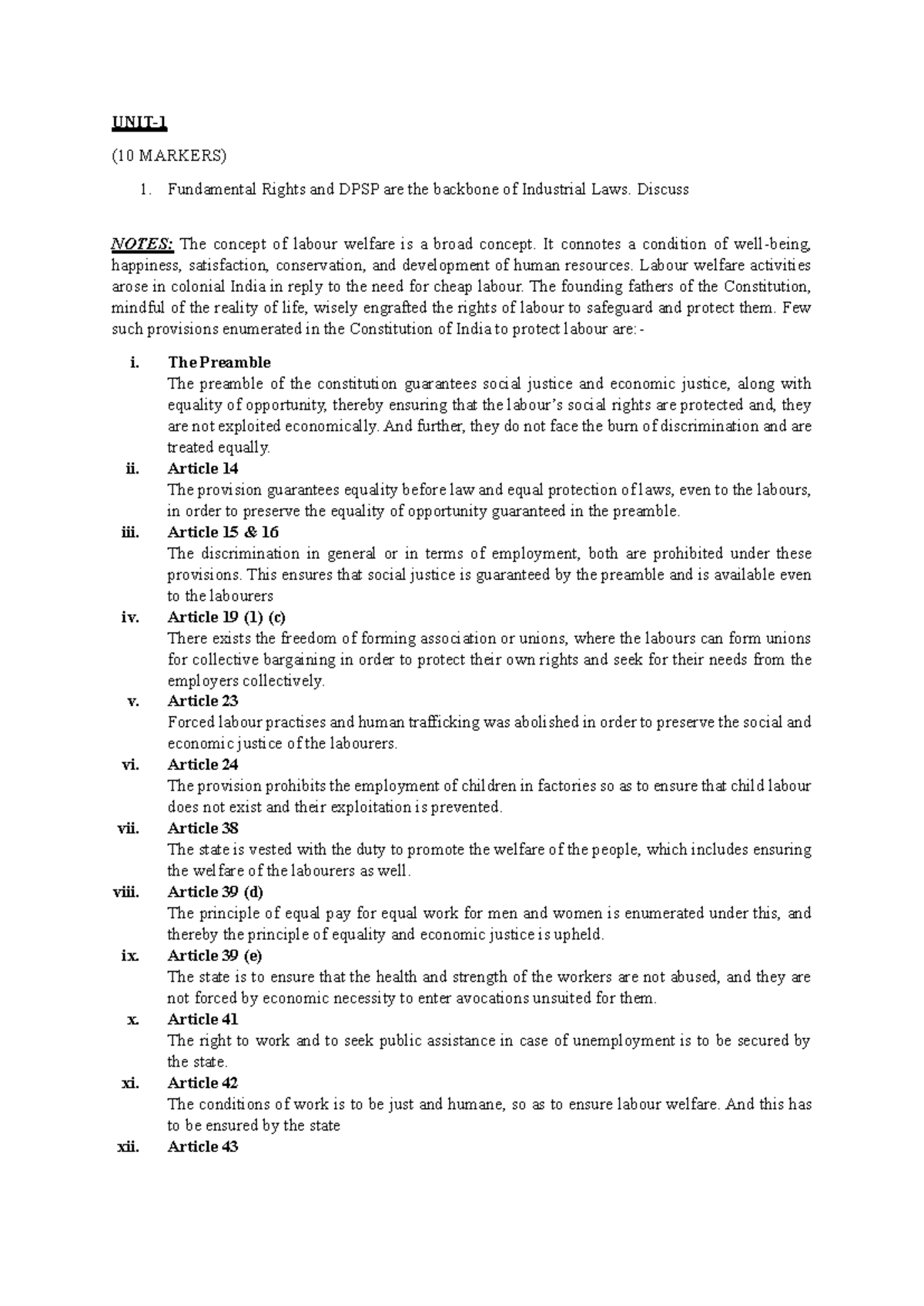 Labour LAW II- Unit 1 - KSLU NOTES - UNIT- 1 (10 MARKERS) Fundamental ...