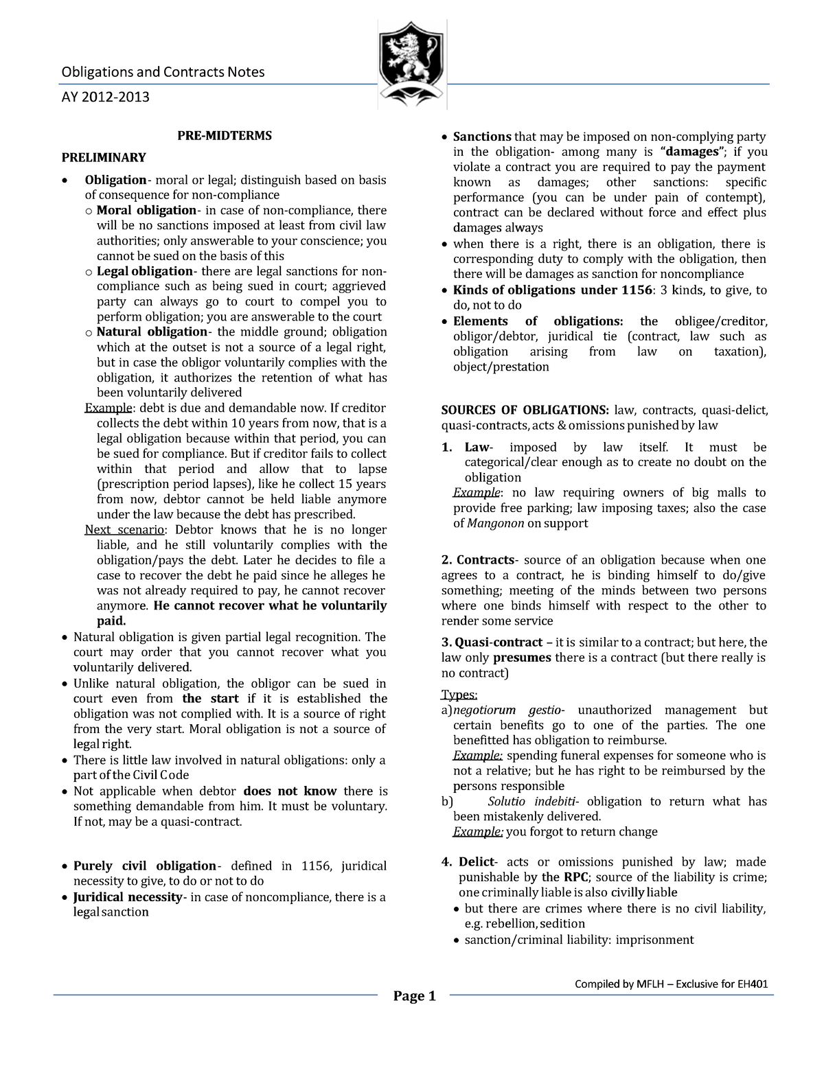 Obligations and contracts notes - Obligations and Contracts ...