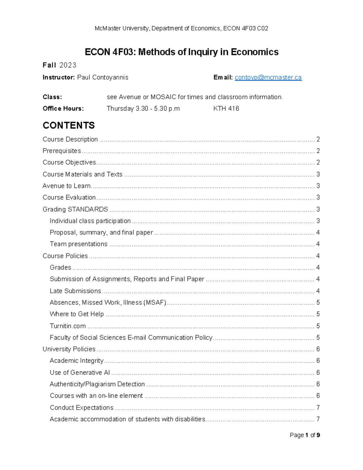 ECON 4F03 C02 Fall 2023 Course Outline P - ECON 4F03: Methods of ...