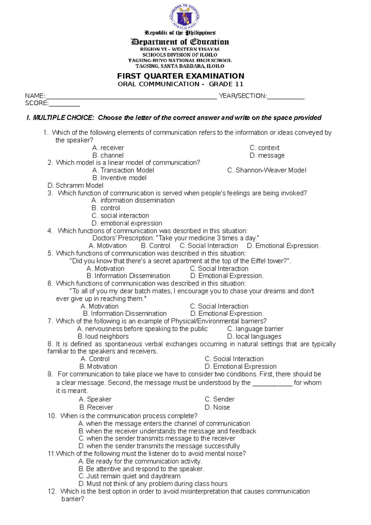 ORAL COMM 1ST Quarter - Assessment - FIRST QUARTER EXAMINATION ORAL ...