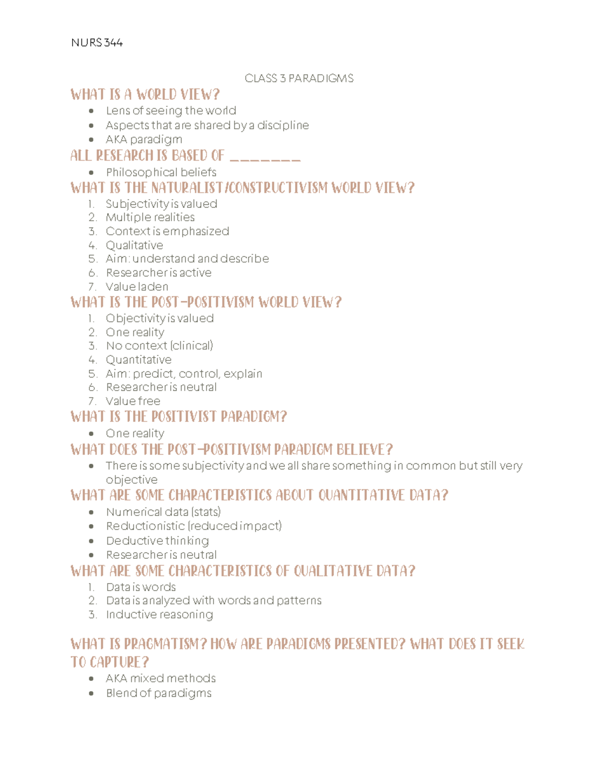 Class 3 Nursing Research Study Guide - NURS 344 CLASS 3 PARADIGMS What ...