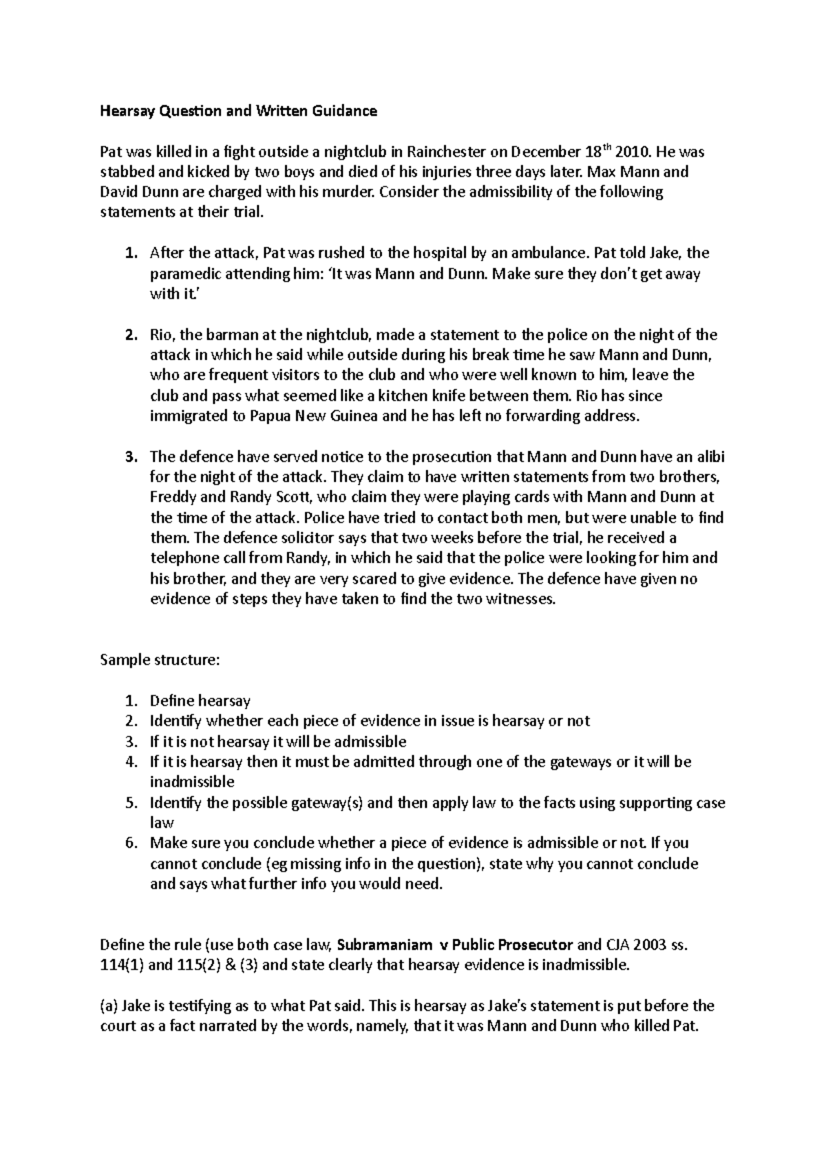 Sample/practice exam 2018, questions and answers - Hearsay Question and ...