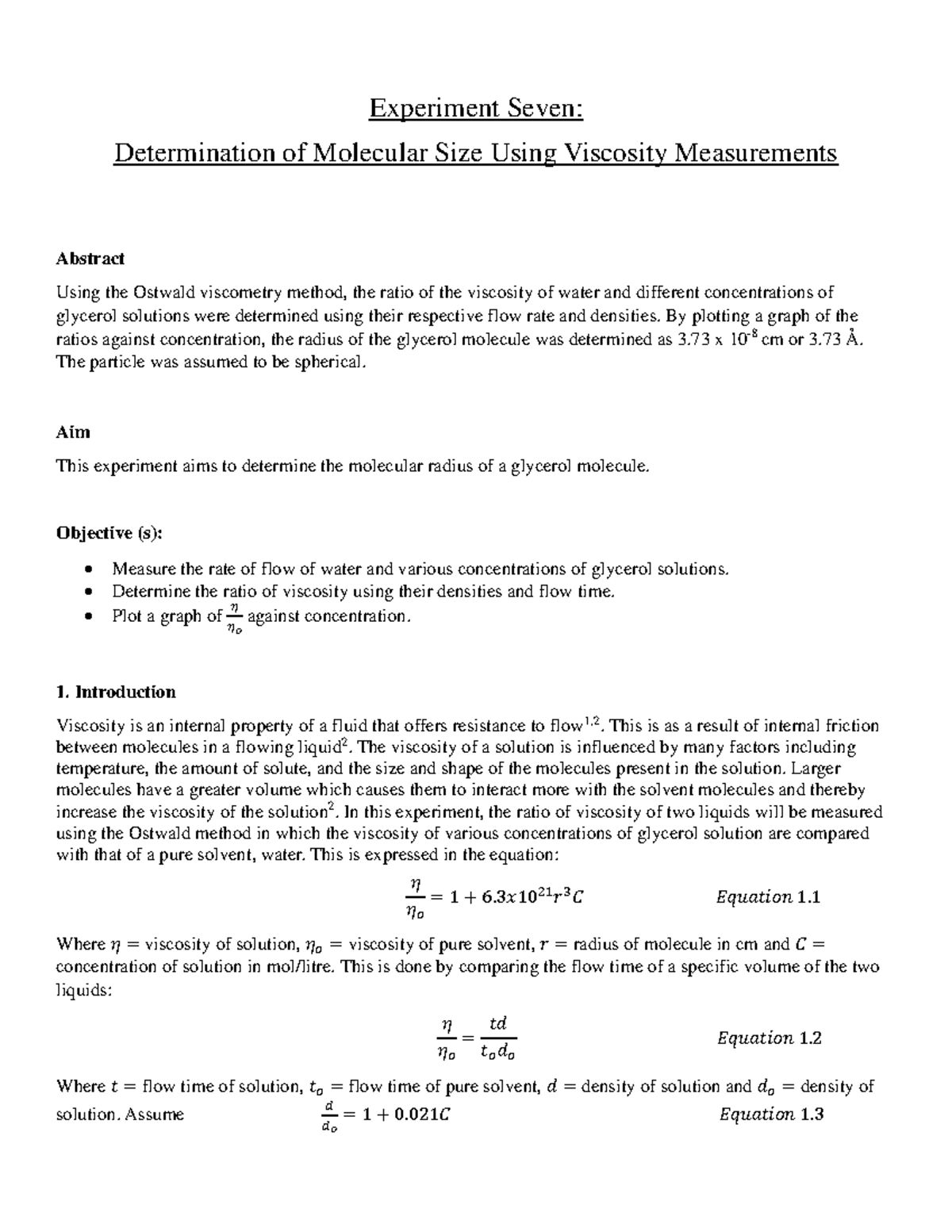 Practical 7 Lab Report - Determination of Molecular Size of Glycerol ...