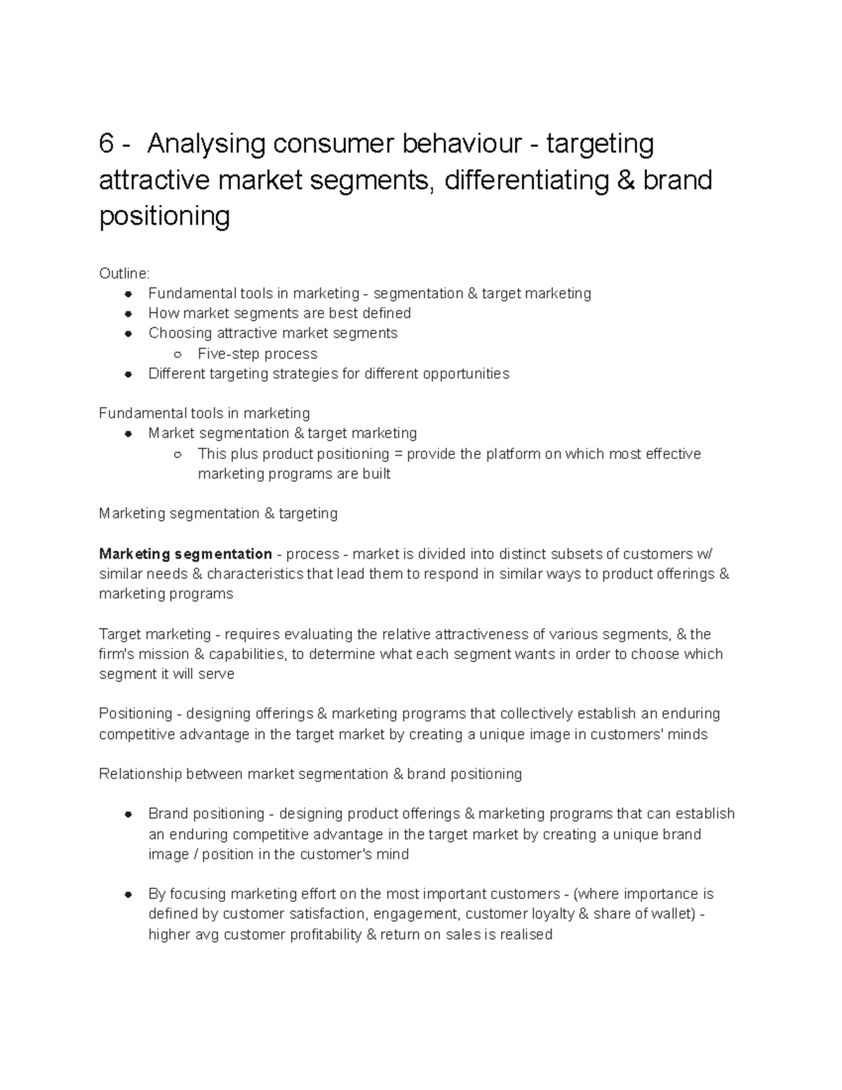 SM Week six Notes - 6 - Analysing consumer behaviour - targeting ...