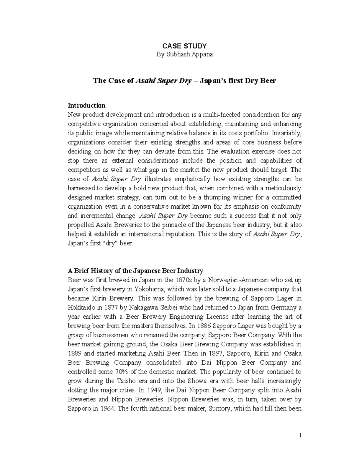 Asahi Super Dry CS - Diversification Exercise - CASE STUDY By Subhash ...