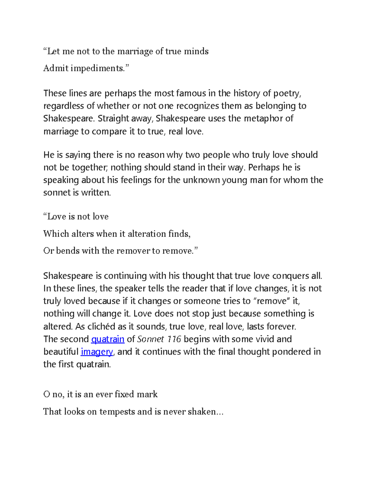 Sonnet 116 - “Let me not to the marriage of true minds Admit ...