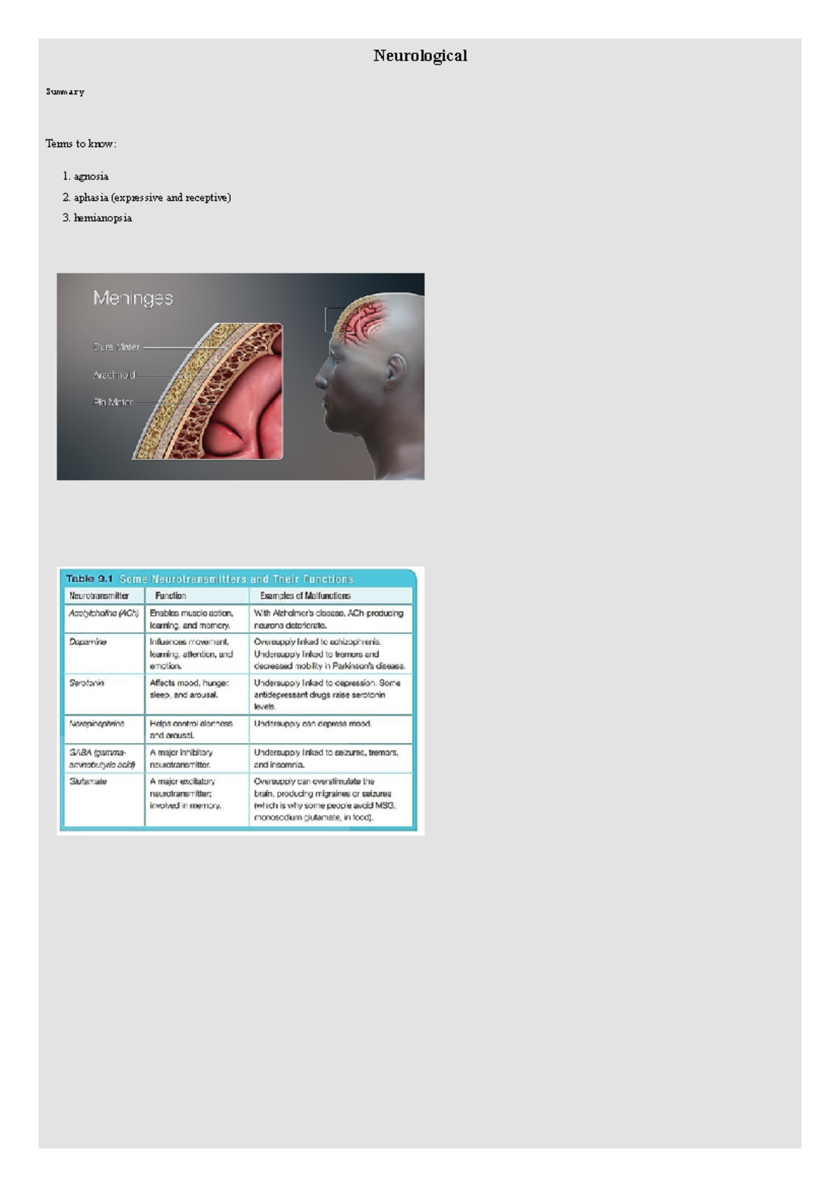 Neurological - Neurological Summary Terms to know: 1. agnosia 2 ...