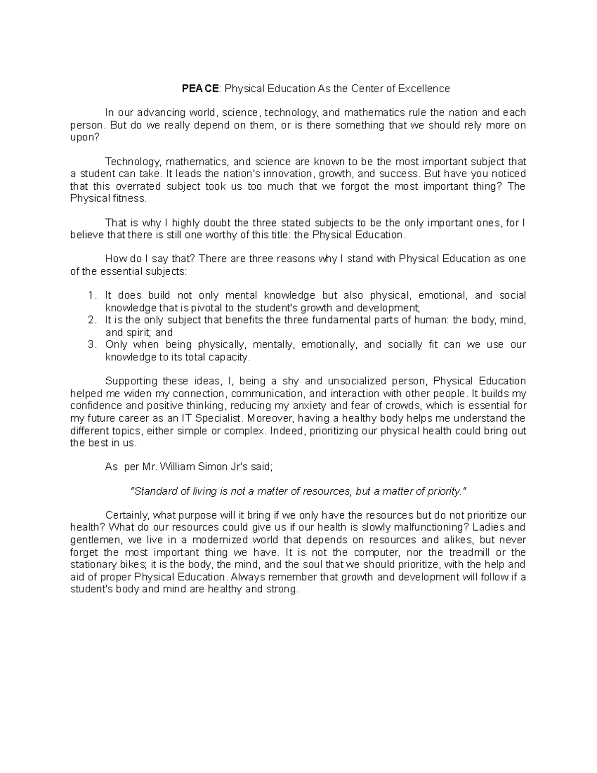 Reflection on how important Physical Education is. - PEACE : Physical ...