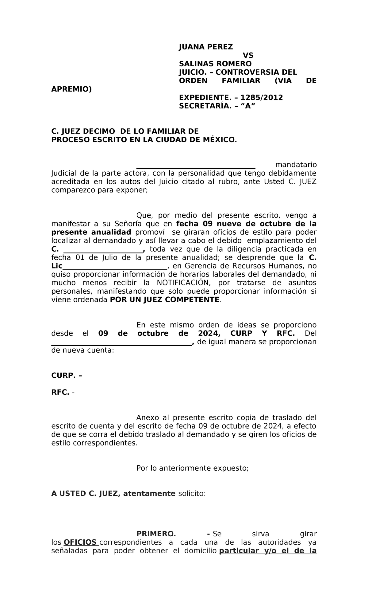 Escrito PARA Stodu - JUANA PEREZ VS SALINAS ROMERO JUICIO ...