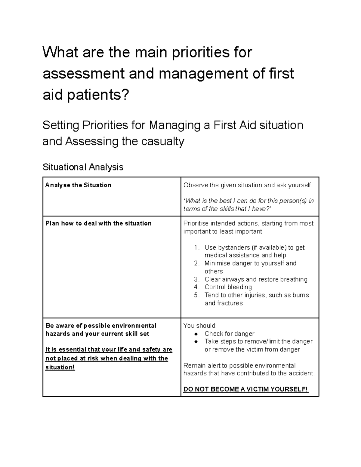 HSC Preliminary Option 1 - First Aid - What are the main priorities for ...