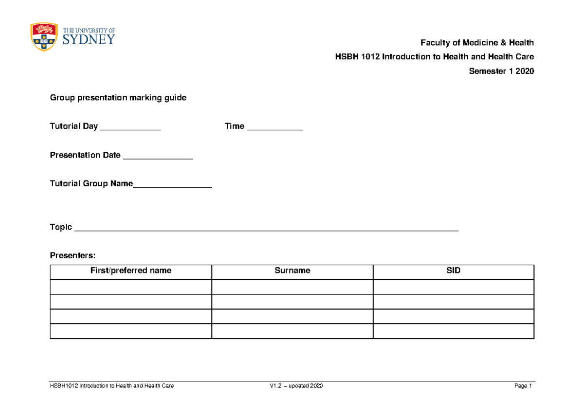 Assessment 1 Rubric for HSBH 1012 Presentation Marking - 2020-2 ...