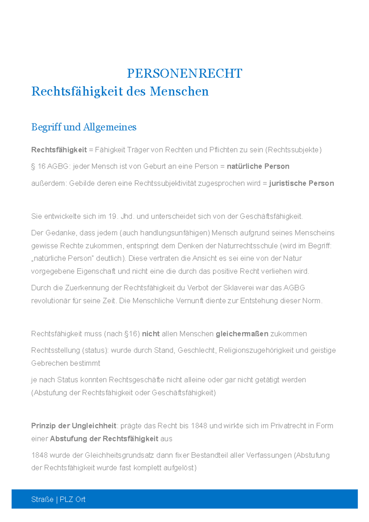 Personenrecht - PERSONENRECHT Rechtsfähigkeit des Menschen Begriff und ...