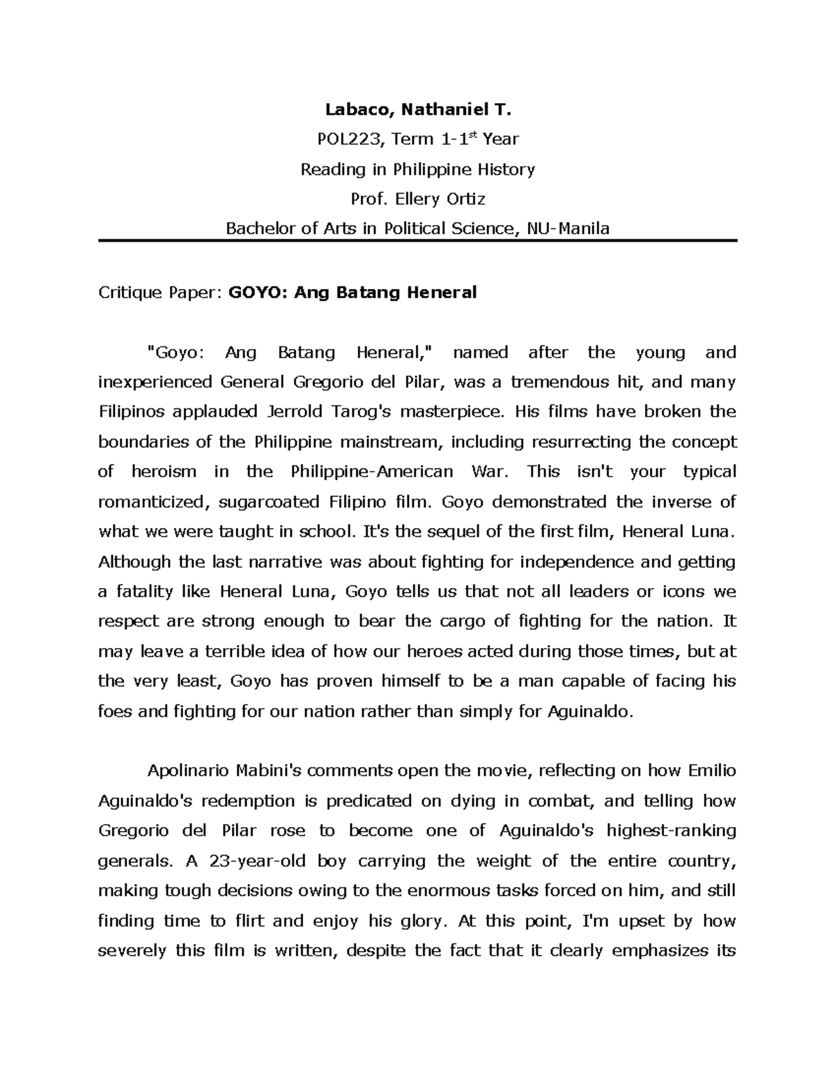 Critique Paper-GOYO - Labaco, Nathaniel T. POL223, Term 1-1st Year ...