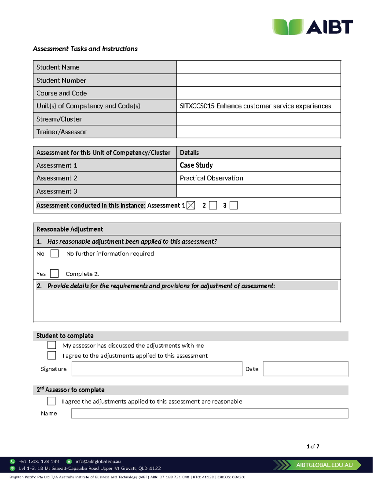 AIBT Sitxccs 015 Assessment 1 -Case Study - Assessment Tasks and Instructions Student Name ...