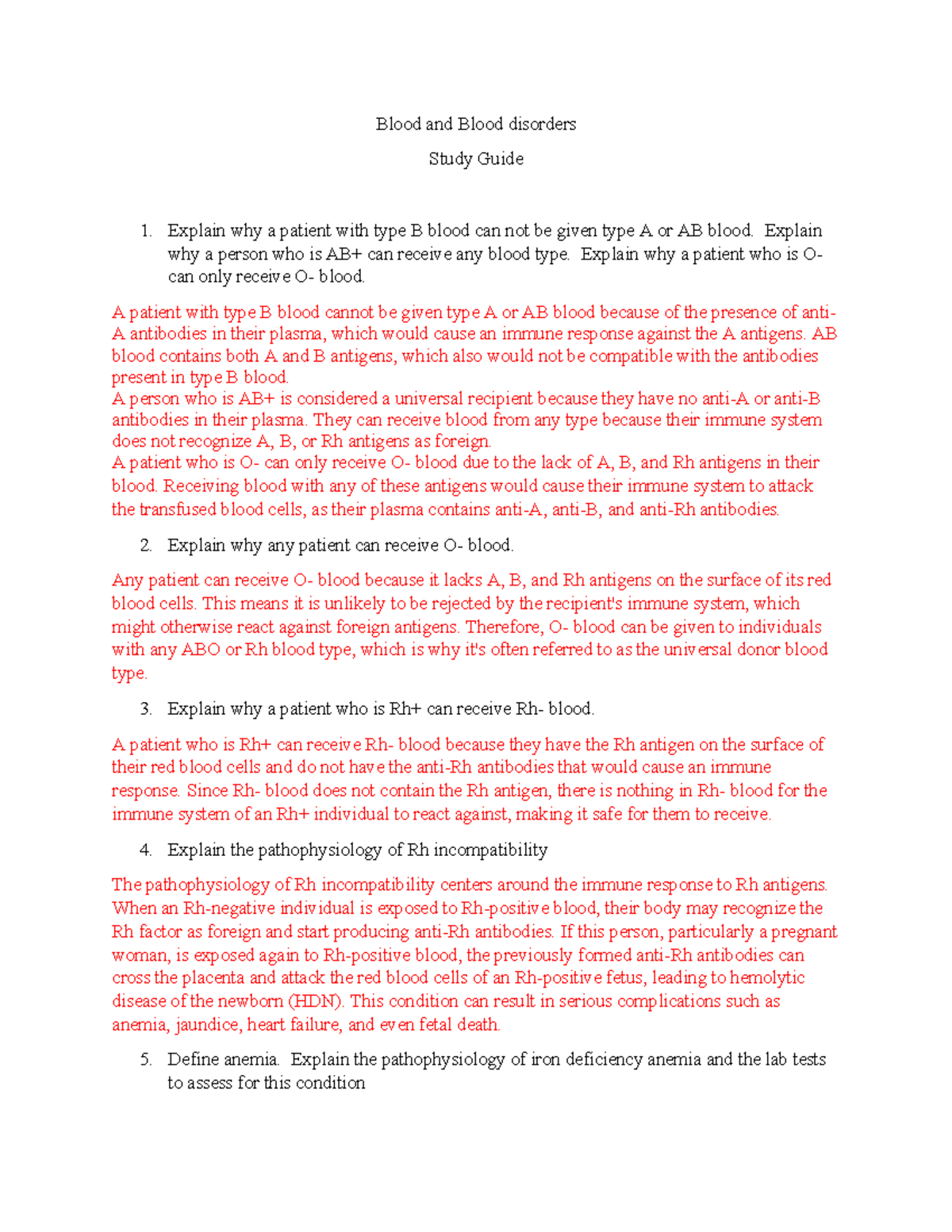 Study guide 6 - Blood and Blood disorders Study Guide Explain why a ...