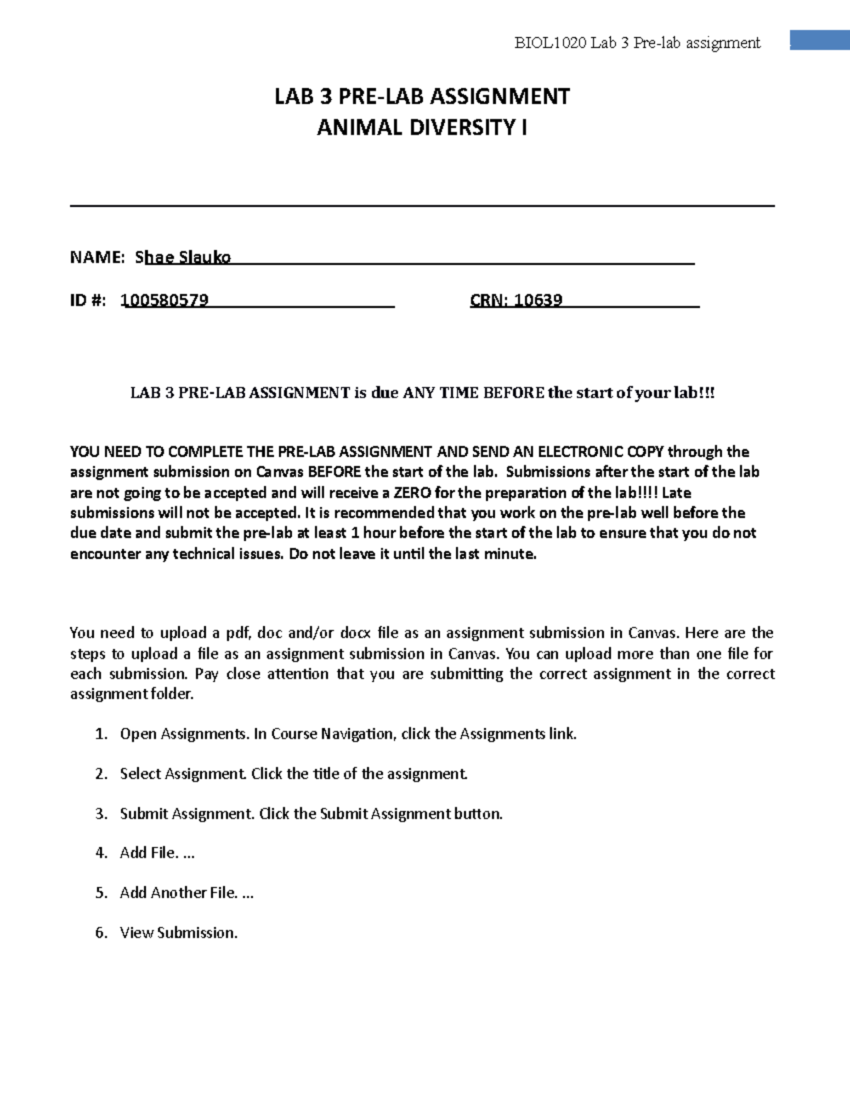 Lab 3-Pre-Lab Assignment S2022 - LAB 3 PRE-LAB ASSIGNMENT ANIMAL ...
