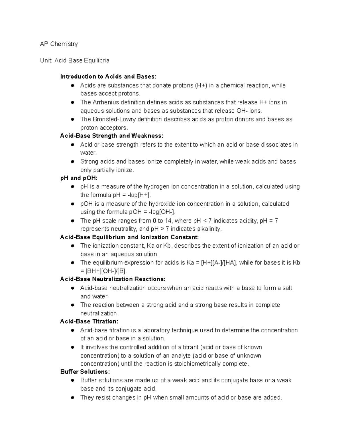AP Chemistry - Acid-Base Equilibria - AP Chemistry Unit: Acid-Base ...