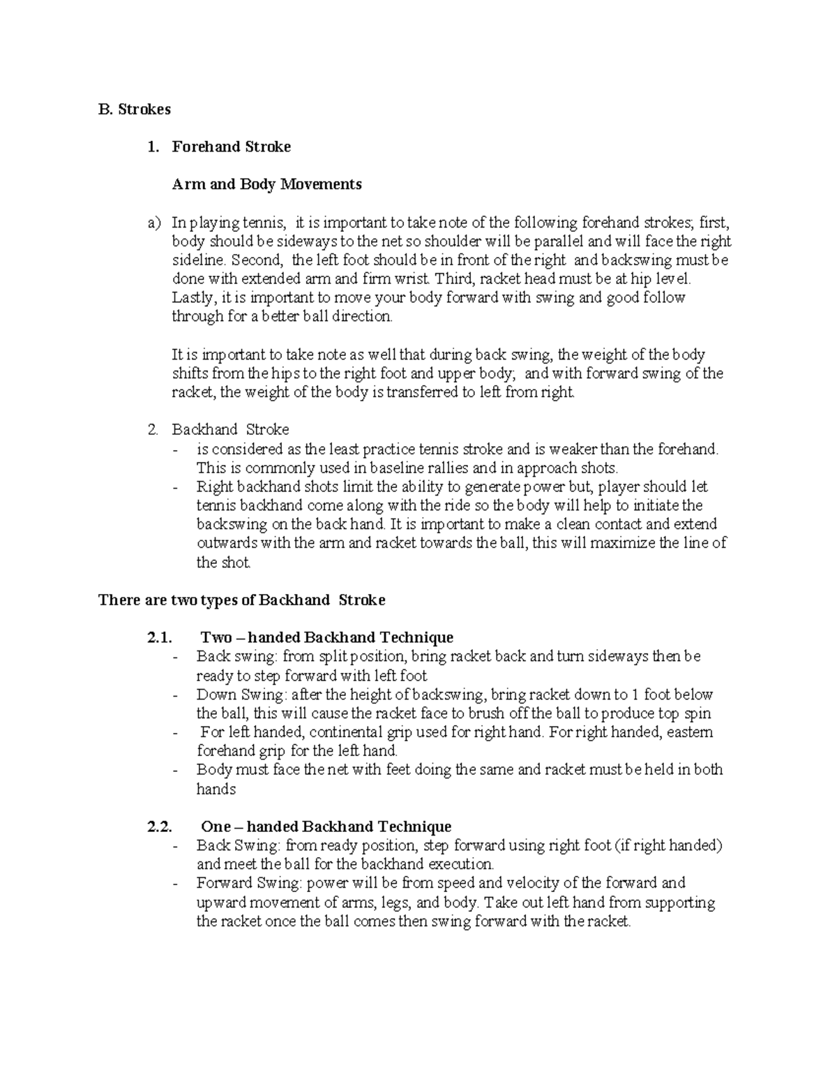 example lng to gcya - B. Strokes 1. Forehand Stroke Arm and Body ...