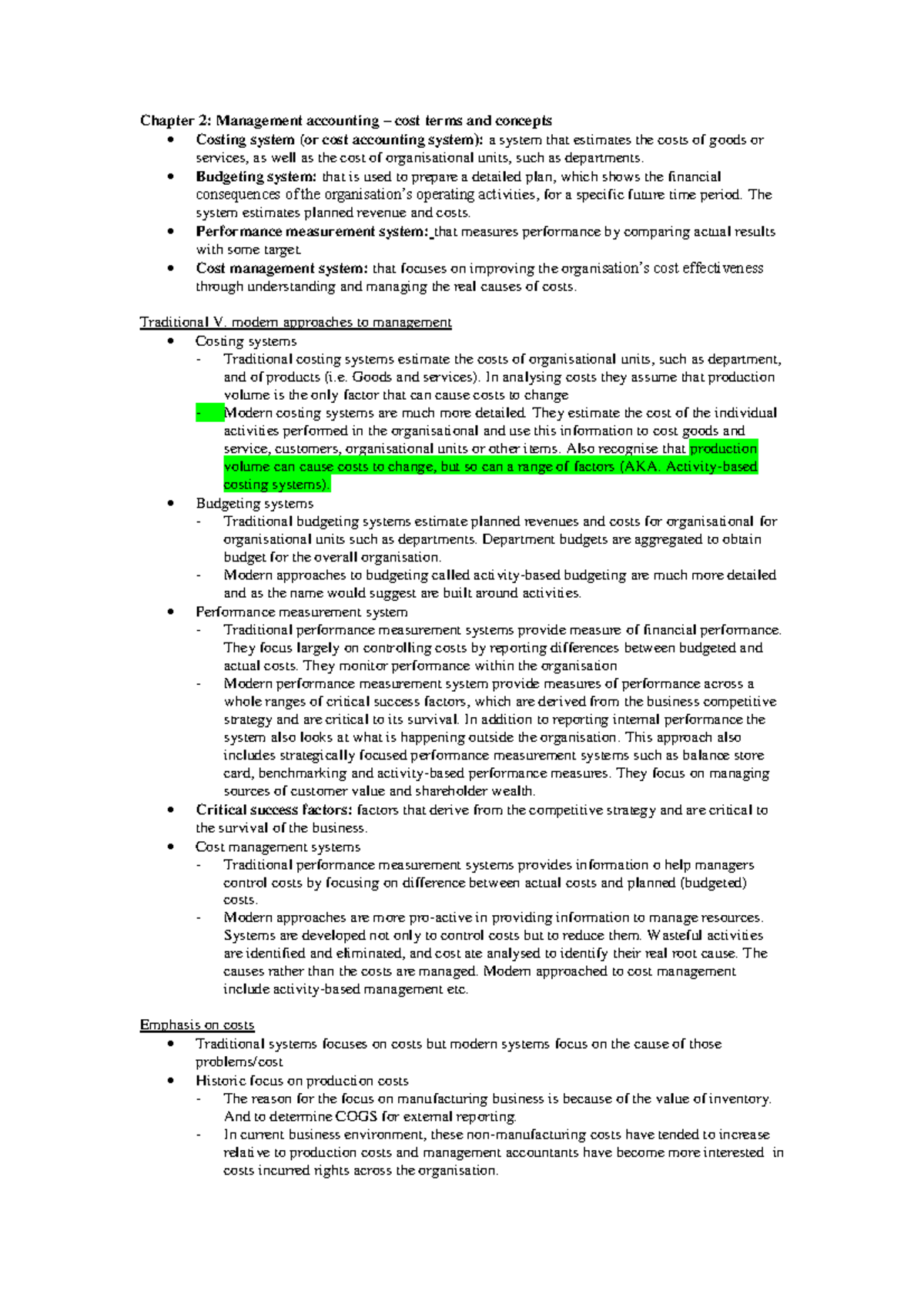Chapter 2 MA - Lecture notes 2 - Chapter 2: Management accounting cost ...