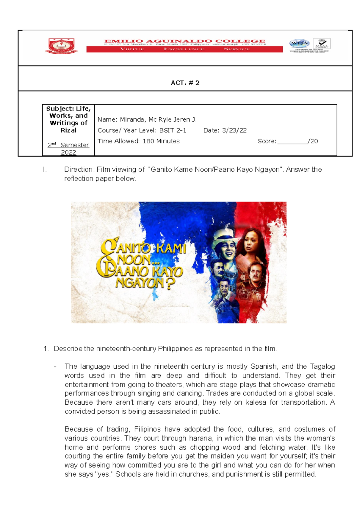 Rizal activity 2 - Second Travel of Rizal - ACT. # 2 Subject: Life ...