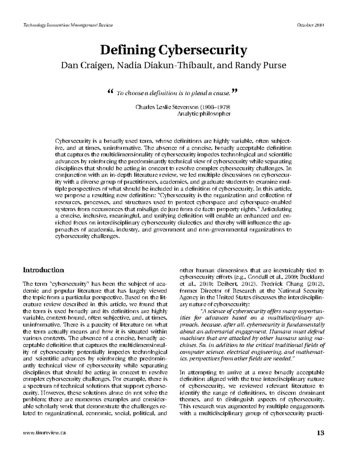 Craigen et al TIMReview October 2014 - Defining Cybersecurity Dan ...